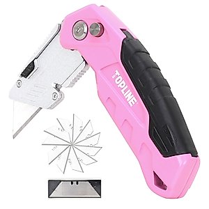 TOPLINE Folding Pink Utility Knife, Pocket Folding Pink Box Cutter, Blade Storage Design, 18-Piece SK5 Blades and a Dispenser Included (1 PACK(PINK))