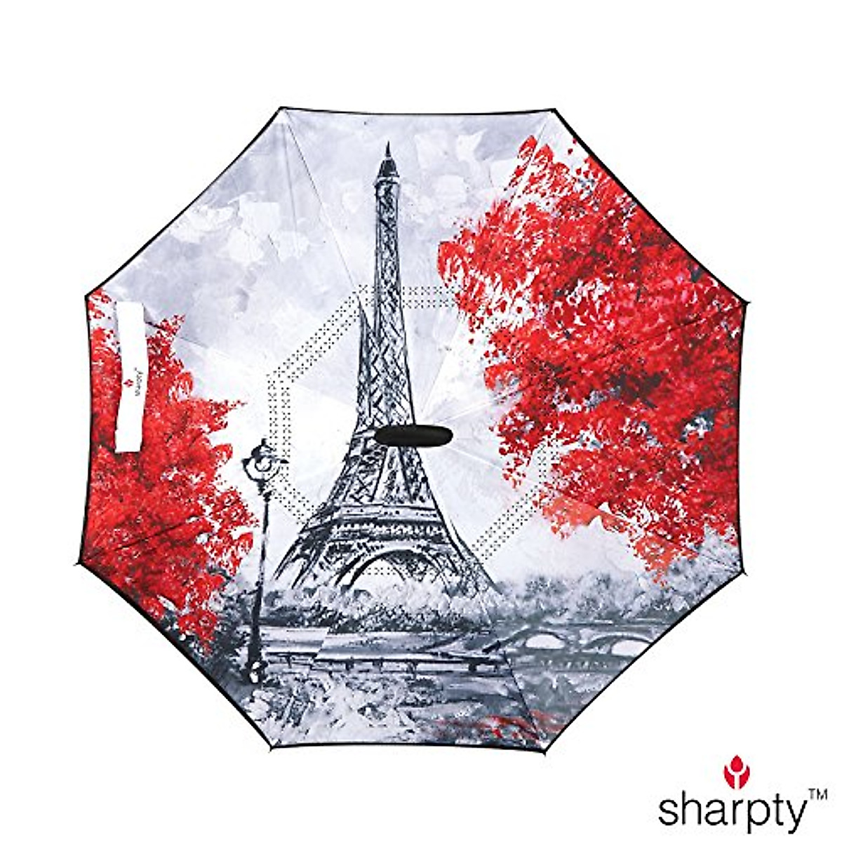 Sharpty Inverted Umbrella for Women - Windproof & Reverse - Easy to Open and Close - Upside Down & C-Shaped Handle - Rain & Wind Resistant - For Travel - Eiffel Tower