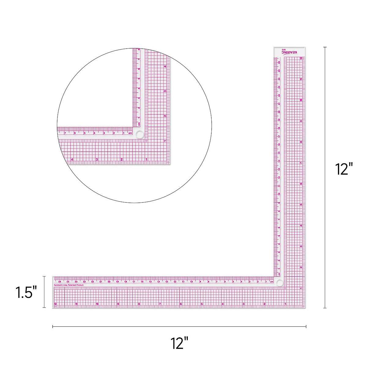 KEARING 12 Inch Plastic L-Square Ruler Clear Sewing Ruler for Pattern Making, Fabric Sewing Measuring Supplies