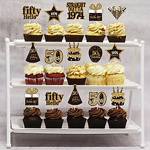 36PCS Happy 50th Birthday Cupcake Toppers Double Sided Black Gold Fifty Hello 50 Straight Outta 1974 Cupcake Picks 50 Fabulous Cheers to 50 Years Cake Decorations for 50th Birthday Party Supplies