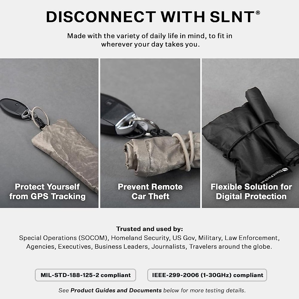 SLNT Flexible Key Fob Guard with Silent Pocket - Car Anti Theft Device Shields Against All Signal Types, Includes RFID, NFC Blocking & Faraday Bag - Fits Most Keyfobs, Portable & Attaches to Keychain