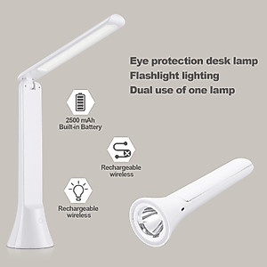 Rechargeable Desk Lamp, Foldable Portable Battery Operated Desk Lamp for Home Office, 2500mAh Cordless LED Desk Lamp with Flashlight Function, Eye Protection Study Lamp (White)