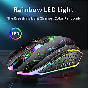 TENMOS V7 Wireless Gaming Mouse, Rechargeable LED Wireless Mouse Silent Optical Rainbow USB Computer Mice for Laptop PC (Black)