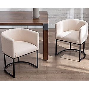 VESCASA Linen Upholstered Dining Chairs with Barrel Back, Mid Century Modern Padded Restaurant Chairs with Black Metal Frame for Kitchen, Dining Room, Set of 6, Cream