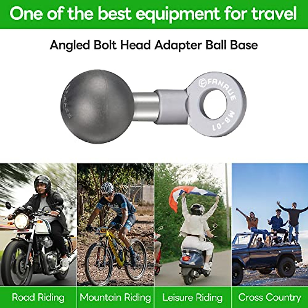 FANAUE Angled Bolt Head Adapter Ball Base with 10mm Mounting Hole,MB-01 Aluminum Alloy Mount Base for RAM Mounts B Size 1 Inch Ball Double Socket Arm