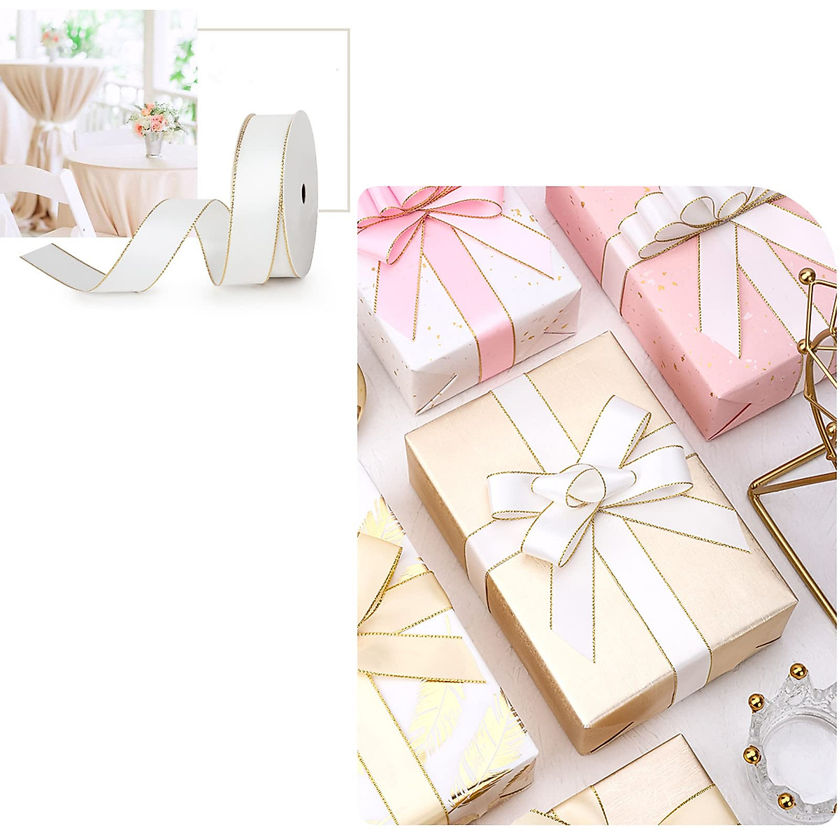 VIVIQUEN White Double Faced Satin Ribbon with Gold Edge, 1-1/2” Polyester Continuous Ribbon -25 Yards,Wide Ribbon for Gift Wrapping,Wedding,Bows Bouquet,Floral Arrangement and Craft