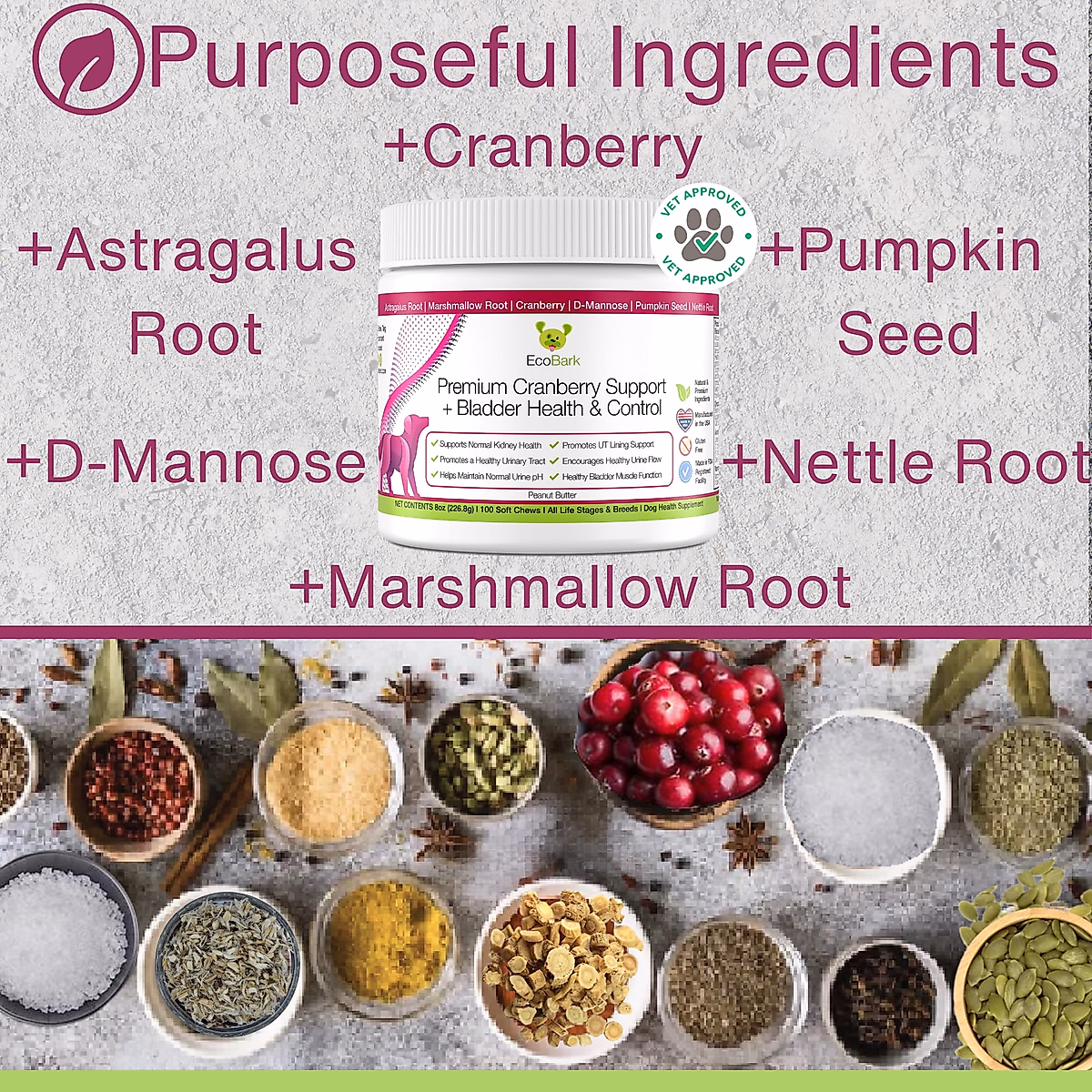 EcoBark Natural Urinary Tract Cranberry Supplements for Dogs - Bladder Health & Kidney Support for Dogs - UTI Relief - Dog Bladder Control Chews - Dog Cranberry Soft Chews for Dog Incontinence Support