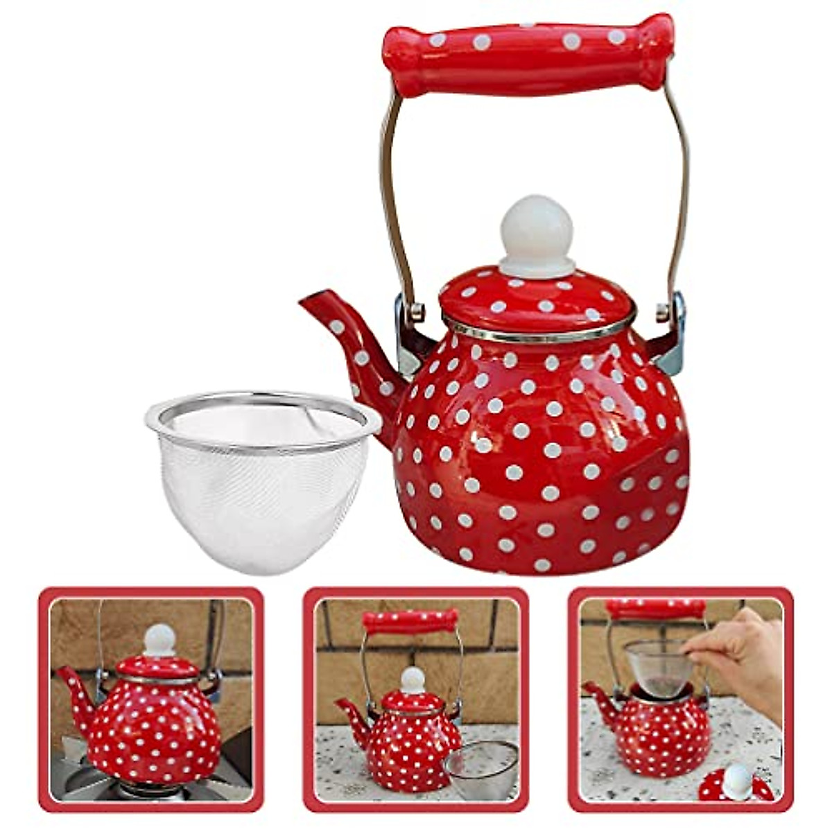 CALLARON Enamel Tea Kettle Enamel Tea Kettle Metal Tea Pot Hot Water Boiling Jug with Wood Filter Coffee Maker Water Warmer Gas Stovetop Teapot for Home Kitchen Winter 1.5L Red
