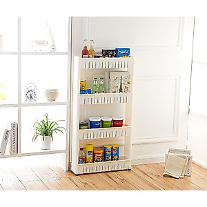 Basicwise QI003220 Slim Storage Cabinet Organizer 4 Shelf Rolling Pull Out Cart Rack Tower with Wheels, White