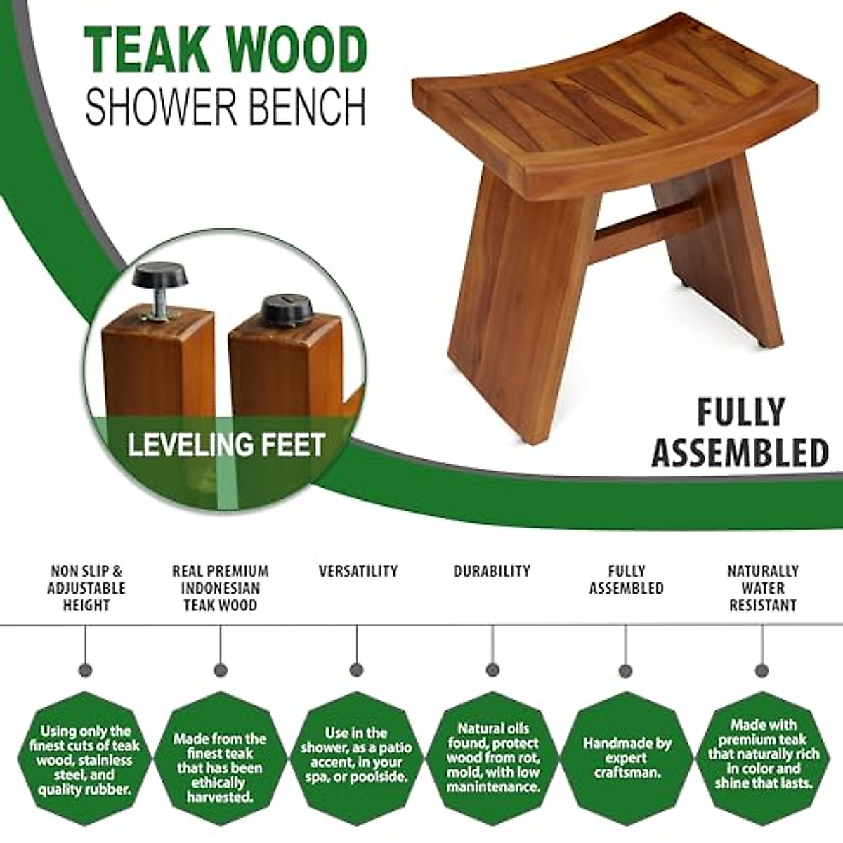 TeakCraft Teak Shower Bench Stool for Bath & Spa (Fully Assembled), 18 inch, Shower Stool, The Tori