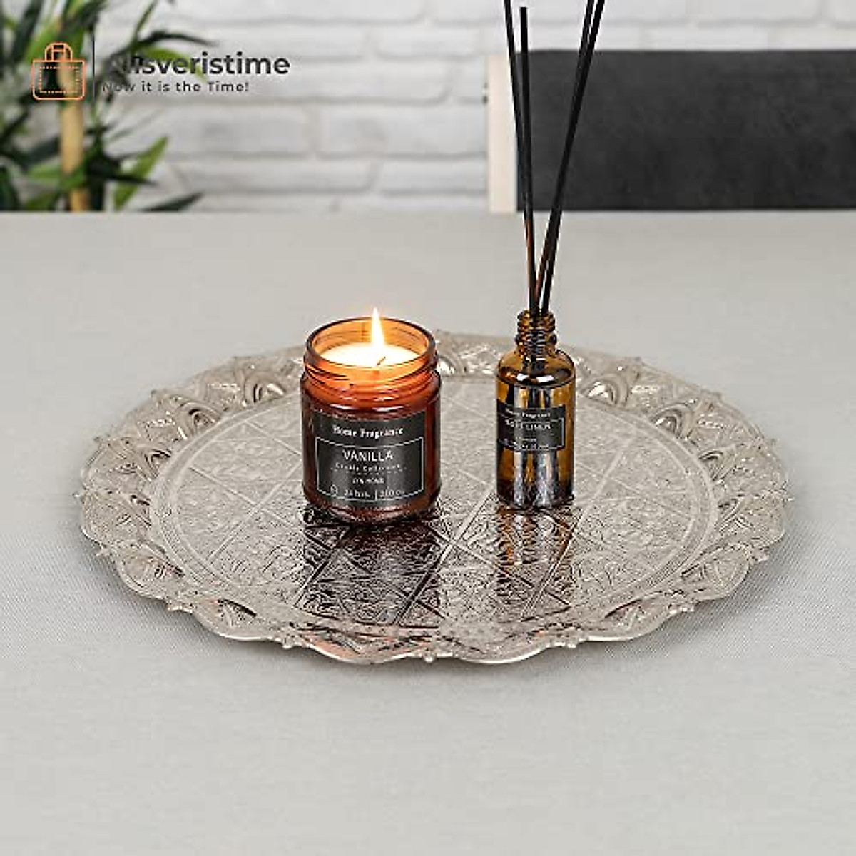 Alisveristime Turkish Ottoman Coffee Tea Beverage Serving Zamac Tray (34cm - 13,38inch) (750 Gram - 1,65 pounds) (Silver)