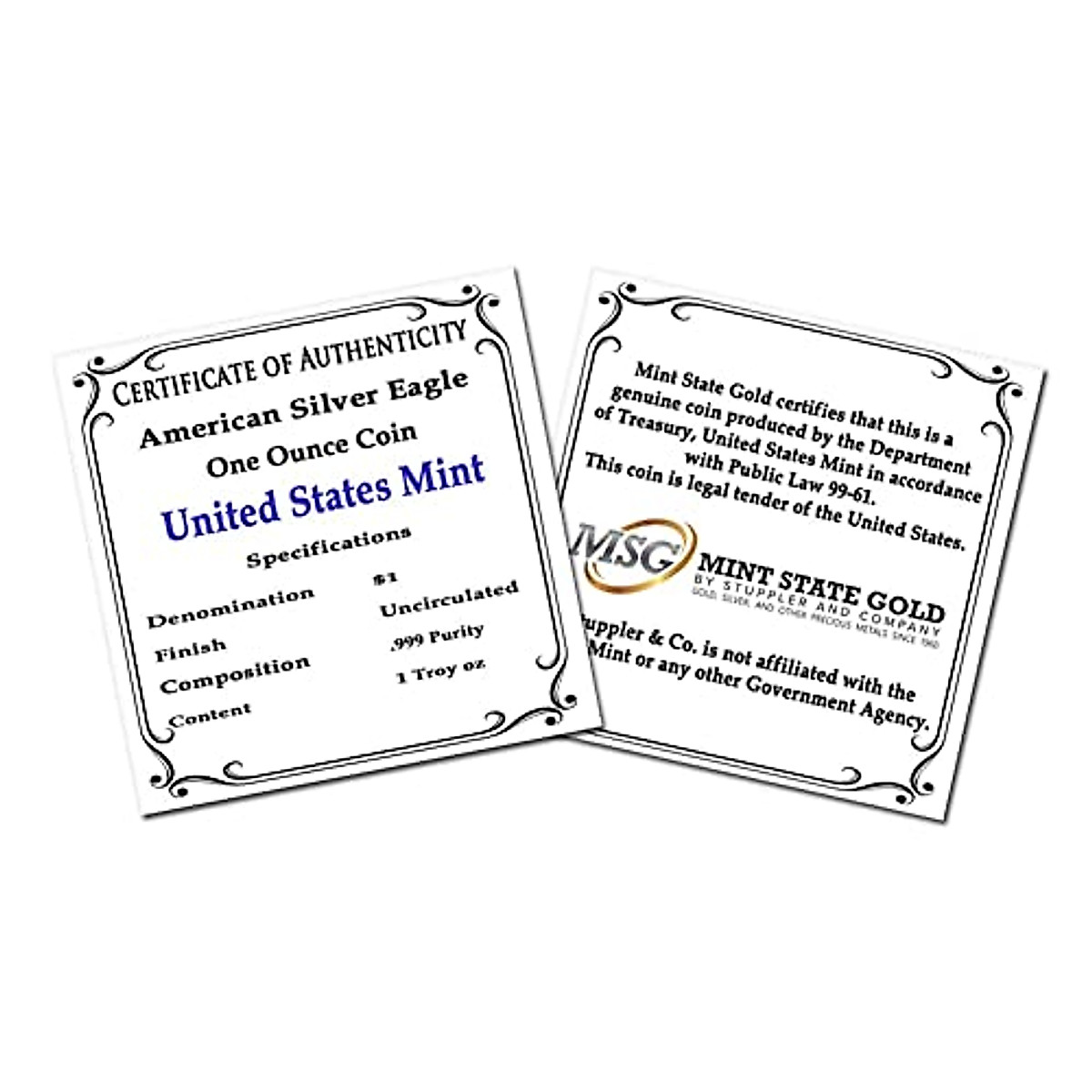 1986 - Present (Random Year) Lot of (5) 1 oz Silver American Eagle Coins Brilliant Uncirculated (Type 1 or 2) with Certificates of Authenticity $1 BU