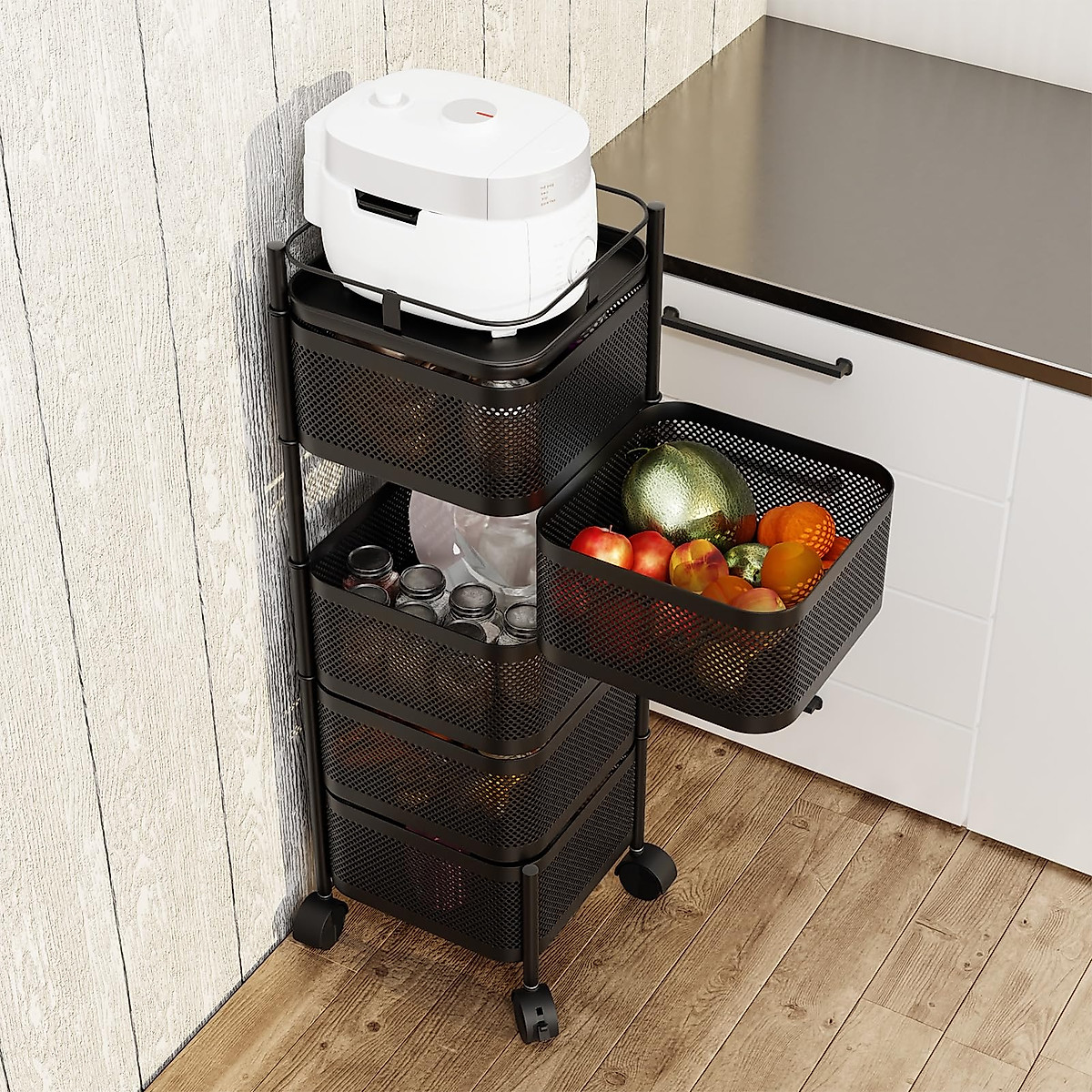 clinmday Rotating Storage Rack for Kitchen, 5-Tier Multi Layer Removable Basket Shelf Organizer on Rolling Wheels Rolling Shelf for Fruit Vegetable Grocery Corns Potato Onion (5-Tier, Black) Black 5-