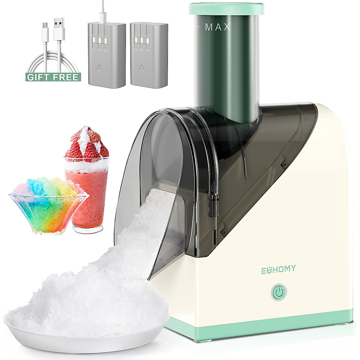 EUHOMY Shaved Ice Machine with Batteries, USB Rechargeable, Crushed Ice in 3s, 45 lbs in 40 Mins, Dual Steel Blades, Easy-to-Clean, Snow Cone Maker with Scraper, for Home/Kitchen/Camping. (White)