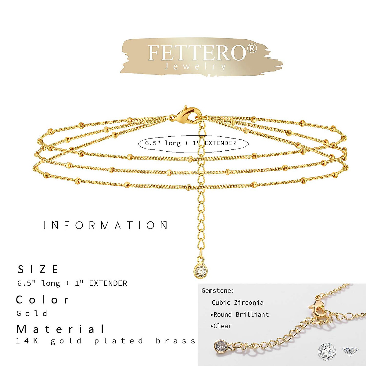 Fettero 14K Gold Bracelet for Women Gold Plated Bracelet Dainty Chain Gold Beaded Bracelet Paperclip/Curb/Figaro/Satellite Chain Adjustable Bracelet Jewelry -Satellite 3 Layer Gold