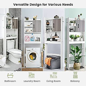 LOKO Over The Toilet Storage Cabinet, Wooden Bathroom Space Saver with Door & Open Storage Shelves, Anti-toppling Device, Freestanding Over Toilet Bathroom Organizer for Bathroom, Laundry