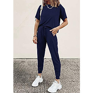 PRETTYGARDEN Women's Two Piece Outfit Short Sleeve Pullover with Drawstring Long Pants Tracksuit Jogger Set (Navy,Large)