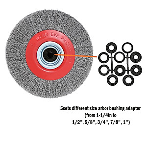 OSFTBVT 8in Bench Wire Wheel Brush for Bench Grinder Coarse Crimped Steel Wire 0.012" with 1/2" 5/8" 3/4" 7/8" 1"(5sets) Spacer Arbors - 2pack