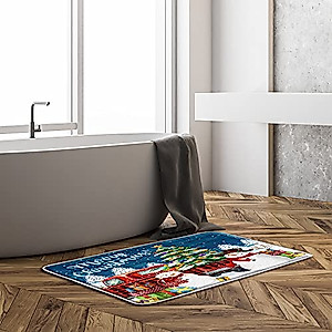 Snowman Bath Mat Merry Christmas Tree Red Truck Car Winter Home Bathroom Bedroom Kitchen Rug Soft Memory Foam Backing , 18x30 Inch