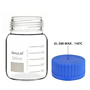 stonylab Graduated Storage Bottle, Premium Glass Round Bottom Reagent Bottle with GL80 Screw Cap, High Transparency Wide Mouth Media Storage Bottle with Clear Scale, 500 ml