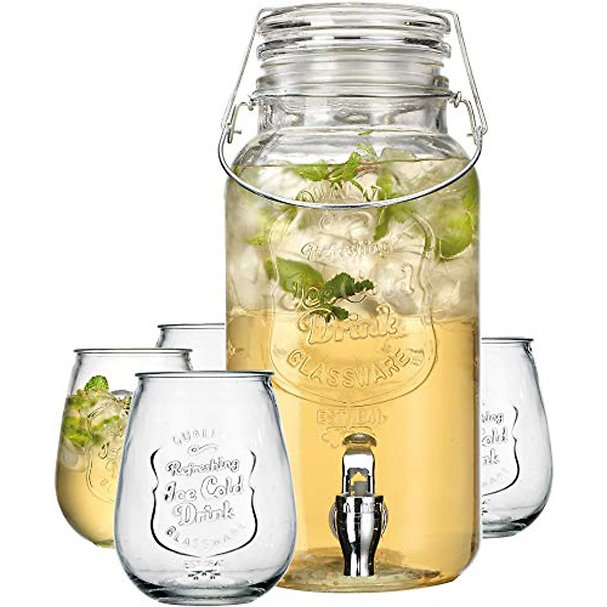 Classic Ice Cold 1 Gallon Clear Embossed Glass Beverage Dispenser Easy Use Spigot, With Set Of 4 21 oz. Ice Cold Tumblers Great For Parties, Outdoor & Daily Use.