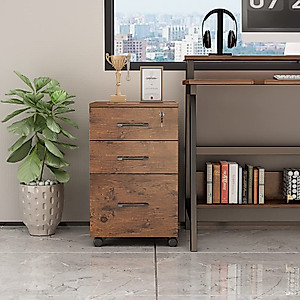 YQ JENMW 3 Drawers File Cabinet, Rolling Mobile Vertical Filing Cabinet with Lock, Wood Under Desk File Cabinet with Wheels for Supplies Files, and Materials,Mobile File Cabinet for Home Office,Brown