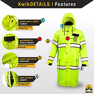 KwikSafety - Charlotte, NC - TORRENT High Visibility Rain Gear - FOLDABLE HOOD - Class 3 ANSI OSHA Reflective Waterproof Trench Safety Jacket/XL