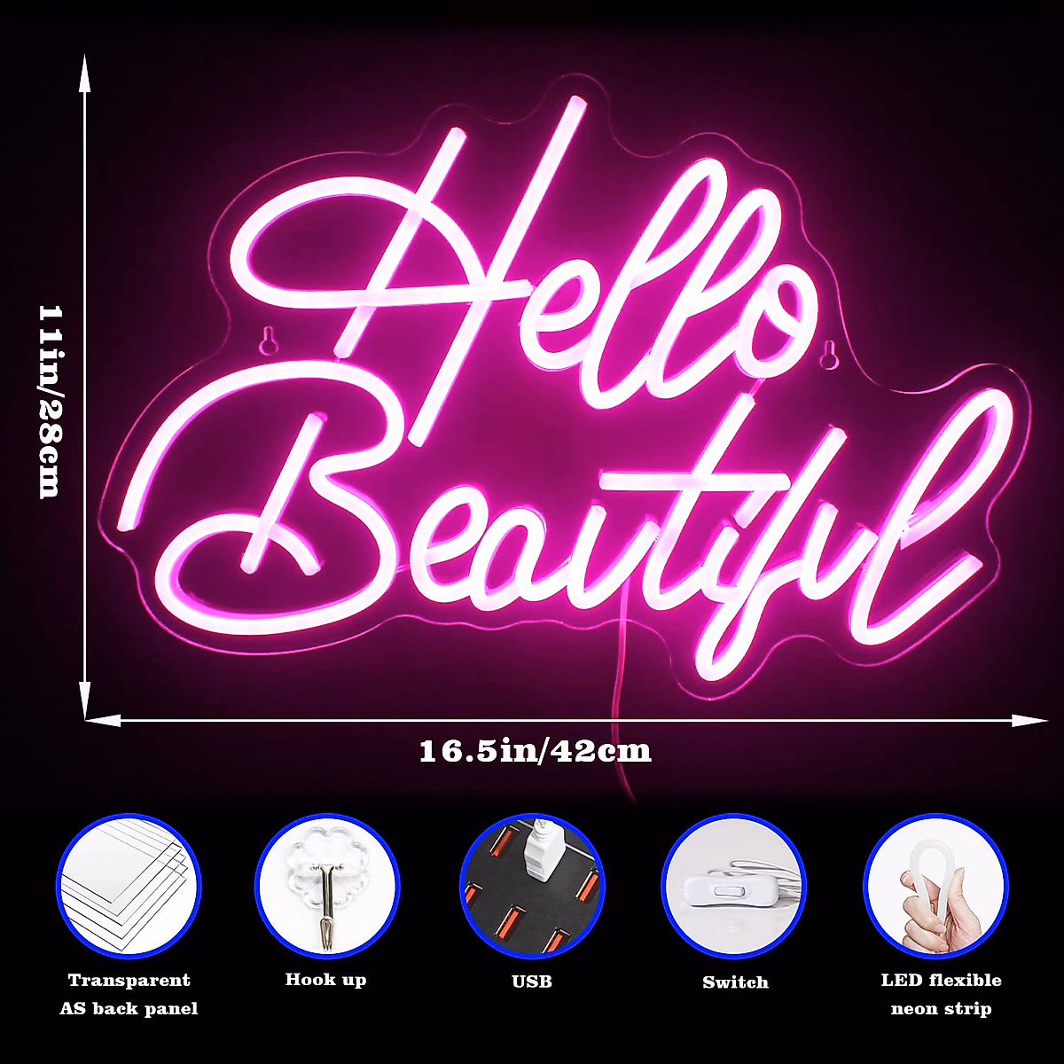 LooKLight Hello Beautiul Neon Sign,Pink Neon Light,Led Light Up Neon Light,Neon Signs Wedding for Wall Decor,USB Connectivity Led Neon Signs For Wedding,Engagement,Birthday Party,Girl Bedroom