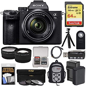 Sony Alpha A7 III 4K Digital Camera & 28-70mm FE OSS Lens with 64GB Card + Battery & Charger + Backpack + 3 Filters + Tripod + Tele/Wide Lens Kit