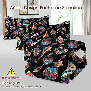 SOULZZZ Colorful Mushroom Duvet Cover Umbrella Pattern Exotic Style Black Beddings for Kids Teens Boys Girls Aesthetic Hippie Theme Cartoon Mushroom Bed Set (Queen, 1 Duvet Cover 2 Pillow Shams)