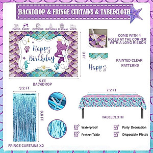 Fiesec Mermaid Birthday Party Decorations, Mermaid Backdrop Balloon Garland Arch Cutout Banner Tablecloth Cake Cupcake Topper Seashell Mermaid Tail Gold Teal Blue Purple 113 PCs