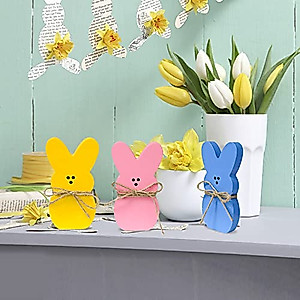 3Pcs LEBERY Easter Bunny Wooden Table Centerpieces Sign Wood Bunny Peeps Rabbit Shape Tiered Tray Decor Rustic Farmhouse Decor Easter Bunny Decor for Spring Home Office Dining Room Mantel Tabletop