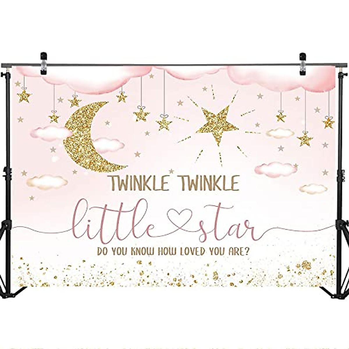 Mocsicka Pink Twinkle Twinkle Little Star Baby Shower Backdrop Gold Glitter Stars and Moon Pink Baby Shower Party Decorations for Girls Sparkle Stars Gender Reveal Photography Background (7x5ft)