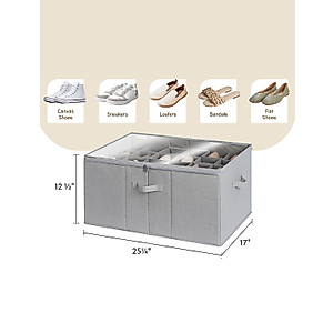 StorageWorks Shoe Organizer for Closet, Extra Large Fabric Shoe Storage Bins with Clear Cover, Adjustable Dividers for Shoe Storage, Grey, 1-Pack, Fits up to 24 Pairs