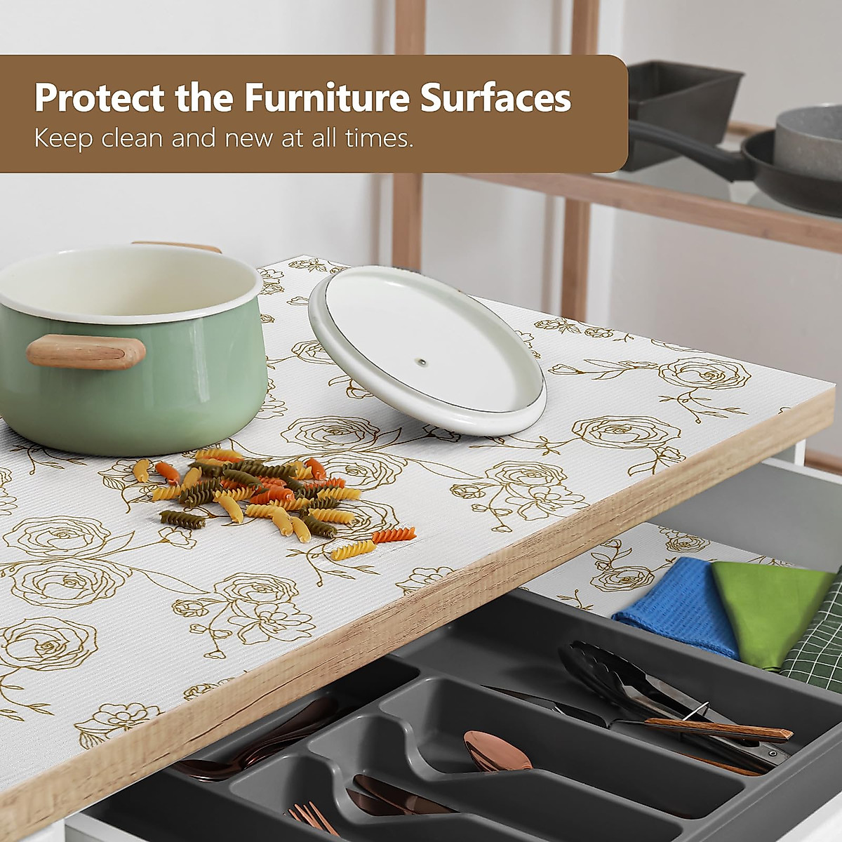 Shelf Cabinet Liner for Kitchen- Non Adhesive Drawer Liner Refrigerator Liner, Premium Waterproof Shelf Paper Protect Surface, Non Slip Easy to Clean Durable EVA Material, Gold Roses, 11.8 in x 10FT