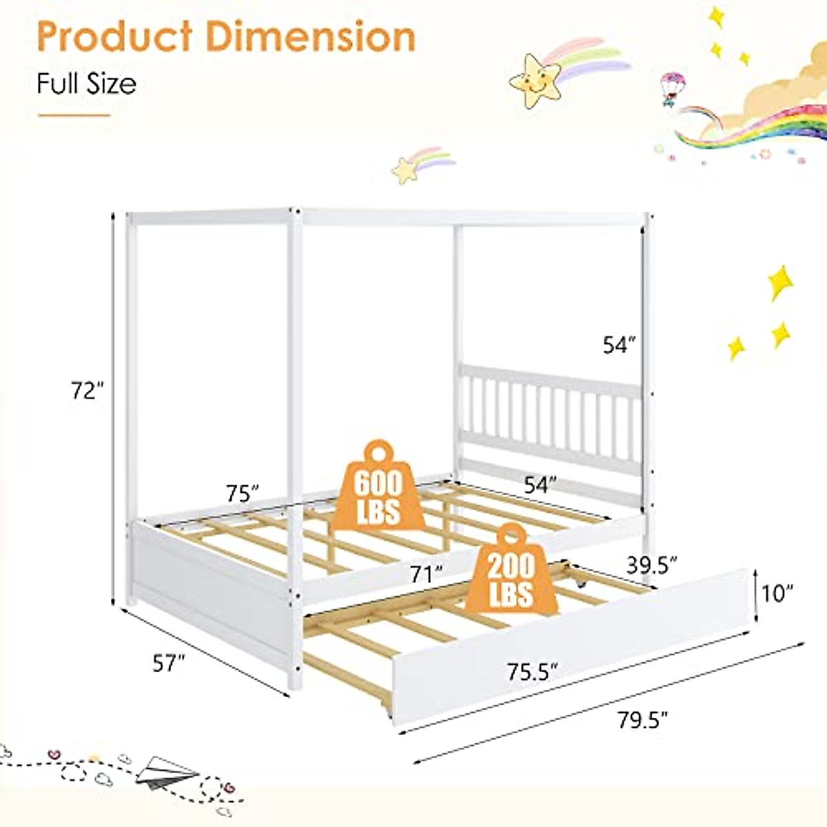 Giantex Canopy Bed with Trundle, Full Size Kids Solid Wood Platform Bed Frame w/Headboard Wooden Twin Trundle Bed for Boys Girls, No Box Spring Needed (White)