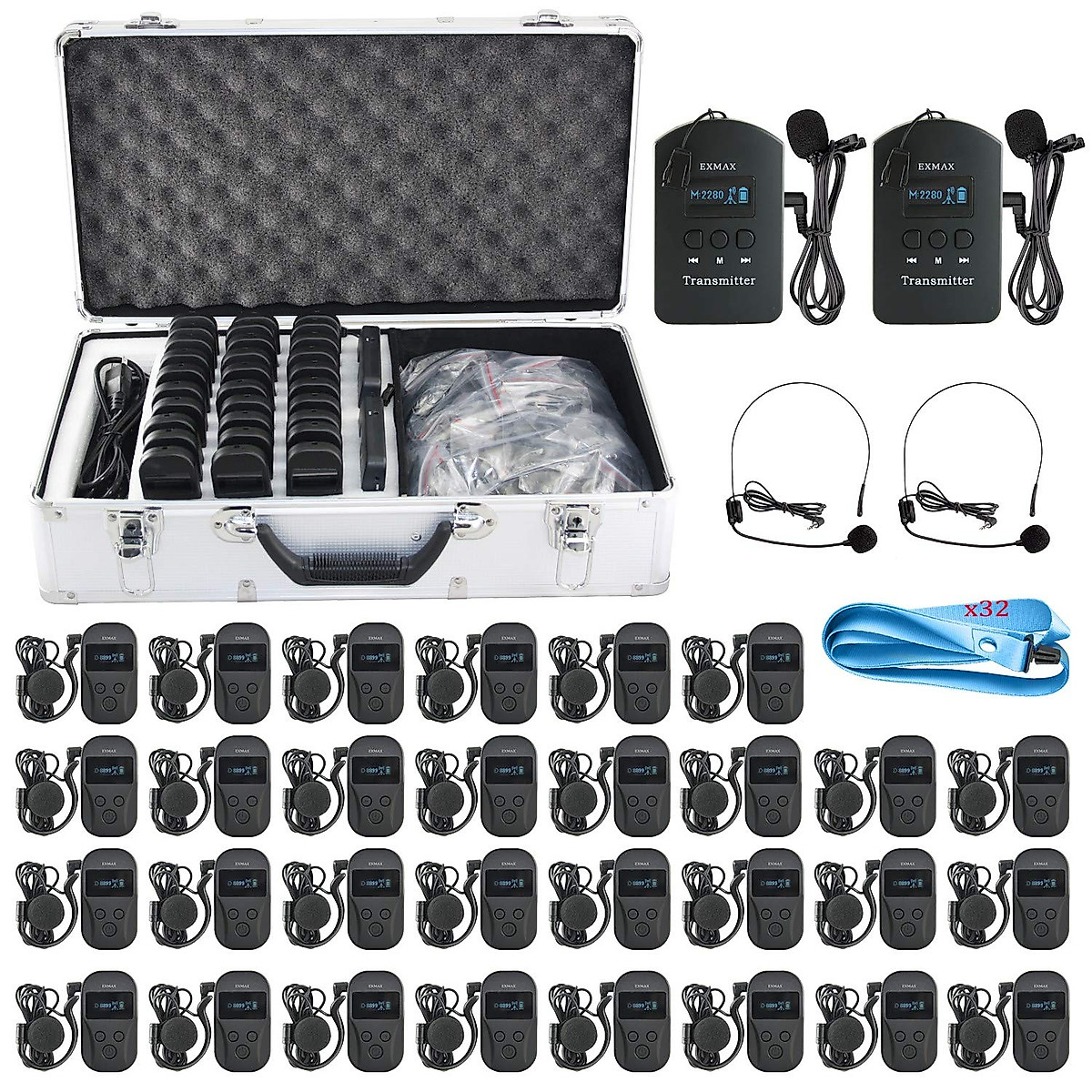 EXMAX EXD-101 2.4GHz Wireless Tour Guide Voice Transmission System for Exhibition Summit Interpretation Bus Tour City Sightseeing Live Explanation - 2 Transmitters 30 Receivers & 32-slot Charging Case