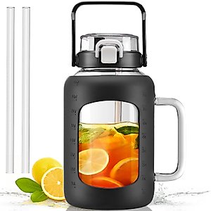 HYDRAGLAZIC 64oz Glass Water Bottle, Glass Tumblers with Straw and Handle, Cup with Silicone Sleeve, Wide Mouth Half Gallon Water Bottle with Time and Water Marker, Water Jug Black