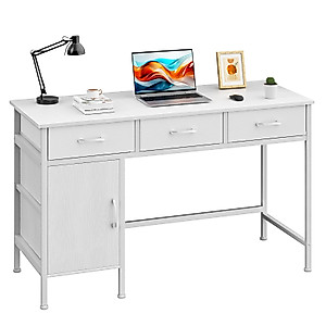 Korfile White Desk with Storage Cabinet and 3 Fabric Drawers, 39 Inch Home Office Desk for Writing Study Gaming, Small Computer Table with Storage Space, Modern Vanity Desk for Bedroom
