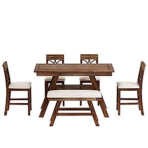 KLMM Modern Rustic 6 Piece Solid Wood Table Top Height Dining Set with Storage Shelf, Kitchen Table Set with Bench and 4 Chairs (Walnut#L-)