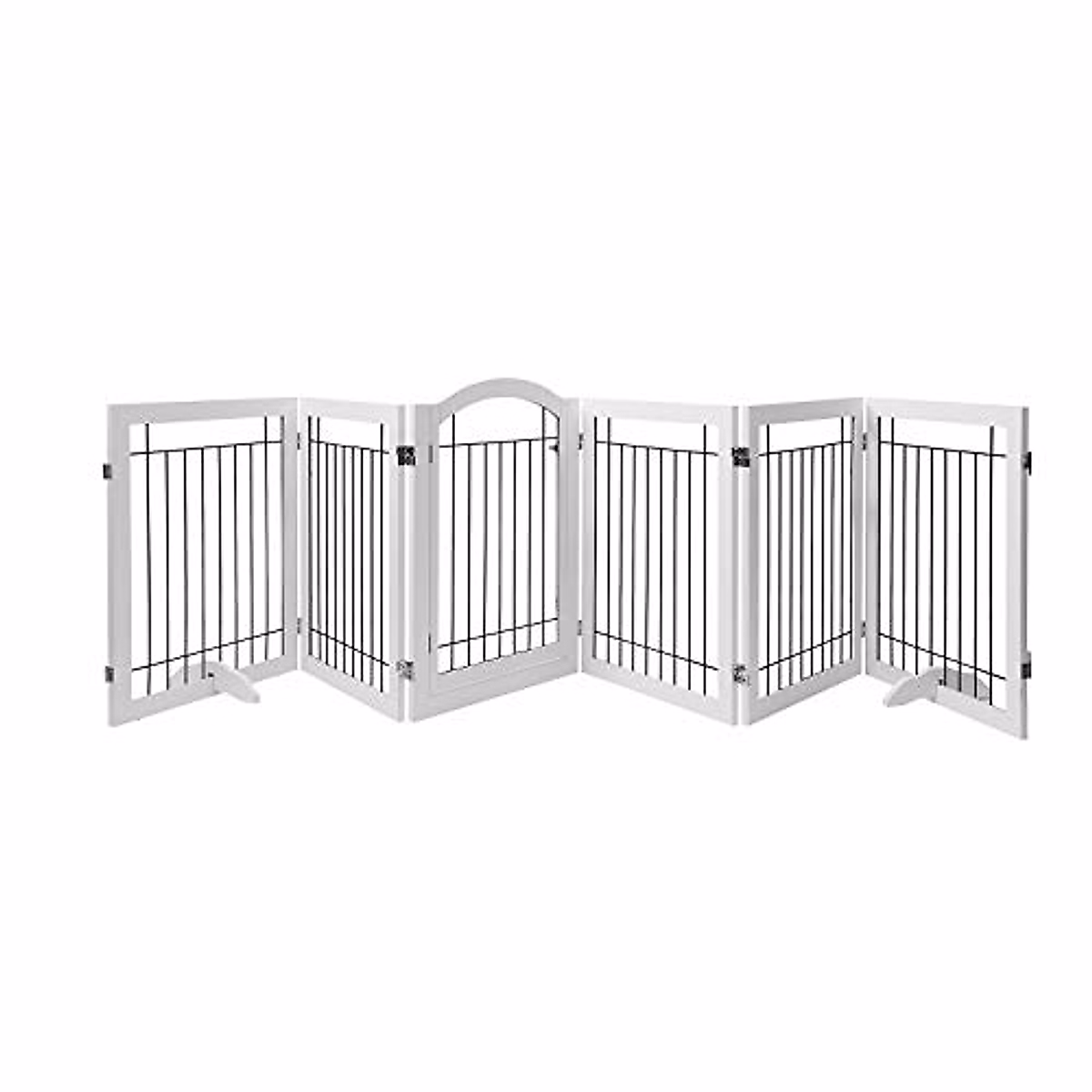 PAWLAND 144-inch Extra Wide 30-inches Tall Dog gate with Door Walk Through, Freestanding Wire Pet Gate for The House, Doorway, Stairs, Pet Puppy Safety Fence, Support Feet Included, White,6 Panels