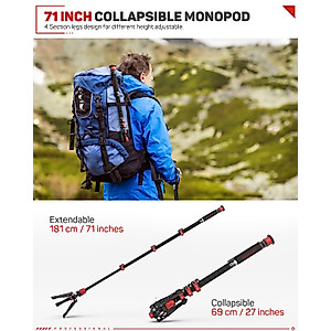 IFOOTAGE Cobra 3 Carbon Fiber Monopod with Pedal, 71" Professional Monopod for Cameras, Portable Travel Monopod with Feet, Max Load 17.64 lbs, Compatible with Sony Canon Nikon DSLR Camera, C180F-P