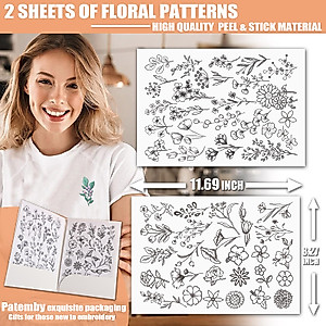 Patemby 50Pcs Water Soluble Embroidery Stabilizers, Stick and Stitch Embroidery Paper with Pre-Printed Flowers and Leaves Pattern Transfers for Hand Sewing Lover Beginners (Flower)