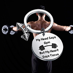 BEKECH Fitness Keychain Gym Keychain My Head Says Gym But My Heart Says Tacos Fitness Jewelry Fitness Lover Workout Gift Bodybuilding Gift (silver)