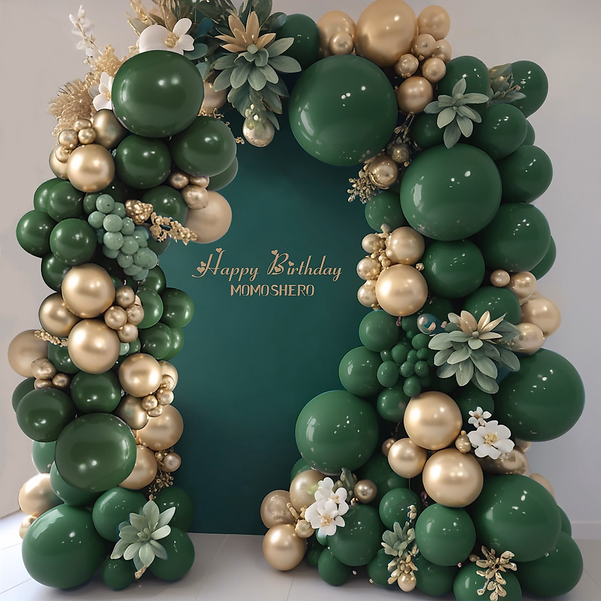 MOMOSHERO 137Pcs Green and Gold Balloons Arch Garland Kit, Dark Emerald Green Hunter Forest Sage Green Metallic Gold Balloon for Birthday Wedding Christmas Jungle Safari Baby Shower Party Decorations