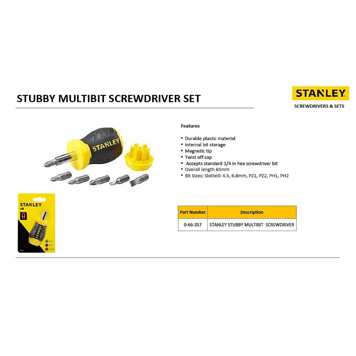 Stanley 0-66-357 Bit-Screwdriver with 6 Bits Slotted/PH, Black/Yellow
