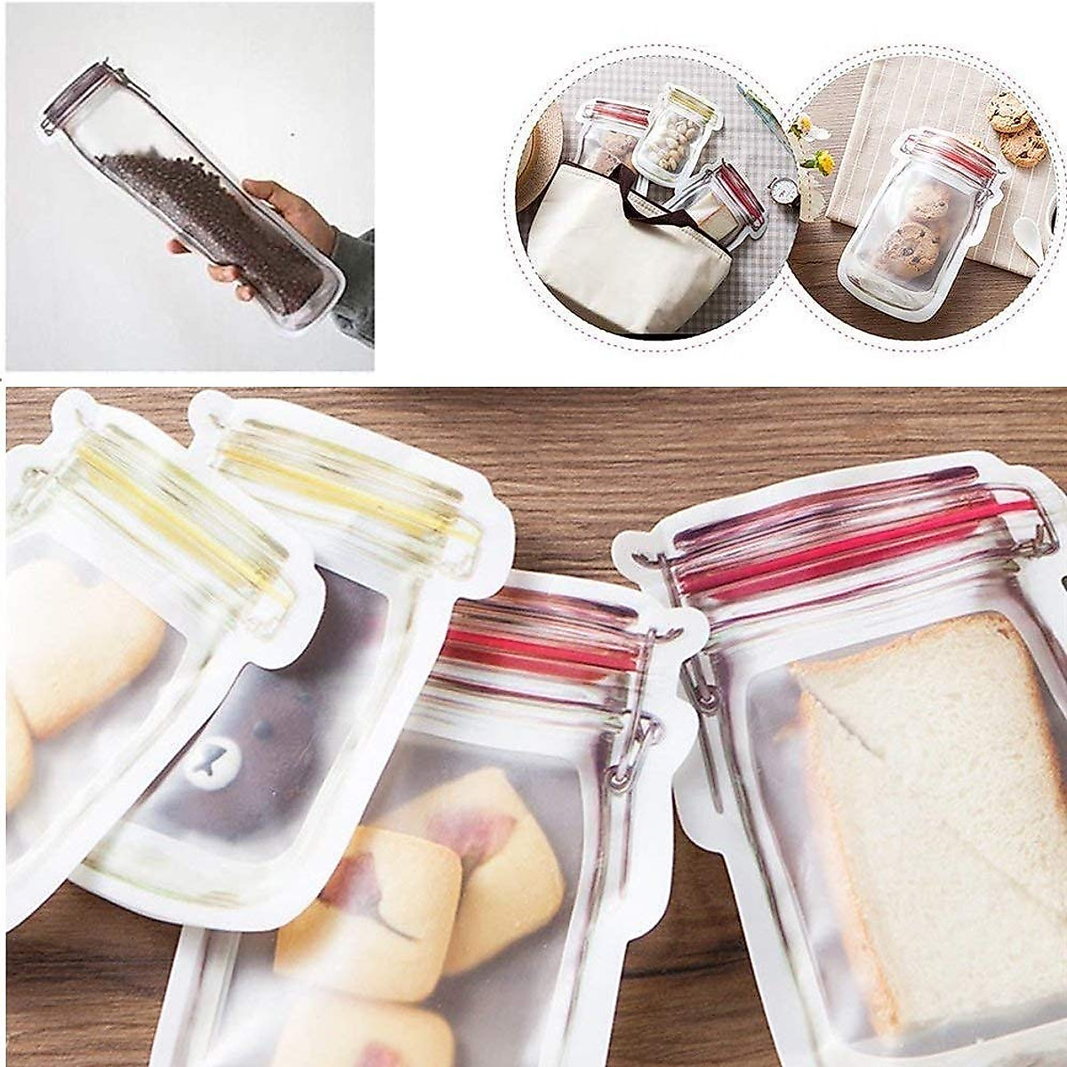 20 Pcs Mason Jar Zipper Bags, Reusable Airtight Seal Food Storage Bags, Multi-Size Food Safe Material Leak-Proof Saver Bags for Travel Camping and Kids