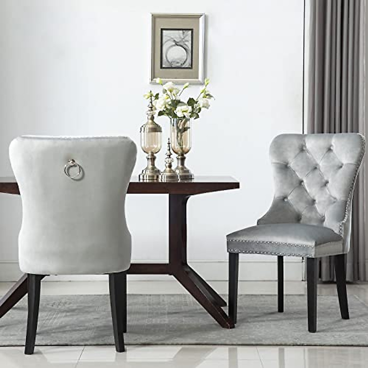 Guyou Upholstered Velvet Dining Chairs Set of 6, Dining Room Chairs Tufted Cushion Back Elegant Victoria Retro Accent Chairs with Solid Wood Legs for Living Room/Kitchen (Light Gray, with Ring)
