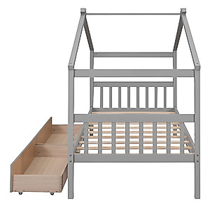 Harper & Bright Designs Twin Size House Bed for Kids, Wooden House Bed Twin with Two Drawers, Kids Twin Bed Frame with Storage,Roof Design for Girls Boys, Grey
