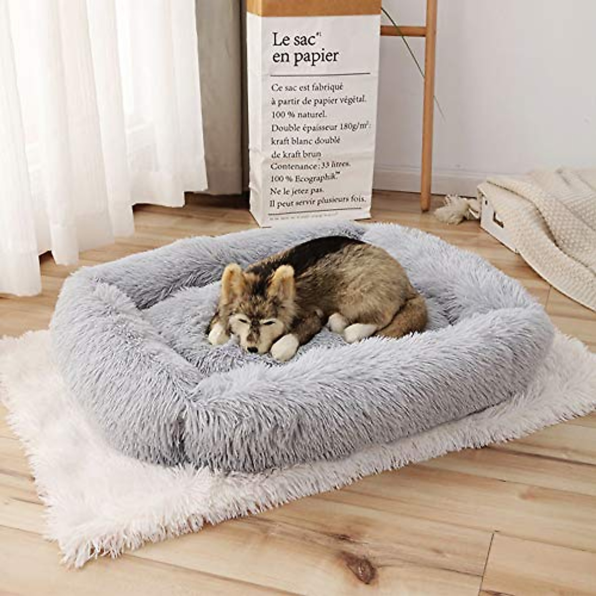 Fuerlun Dog Bed, Square Calming Warming Plush Cuddler, XL Extra Large Dog Bed & Furniture Anti Anxiety Cushion Bed (Light Gray, L)